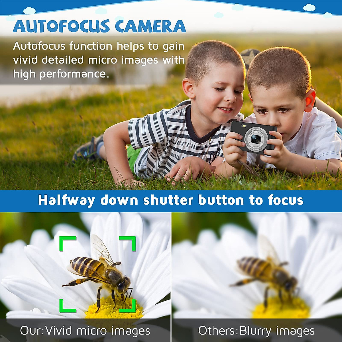 Digital Camera, Mini Kids Camera Autofocus FHD 1080P 48MP 16X Zoom LCD Screen with 32GB TF Card 2 Batteries & Charger Compact Portable Camera for Teen