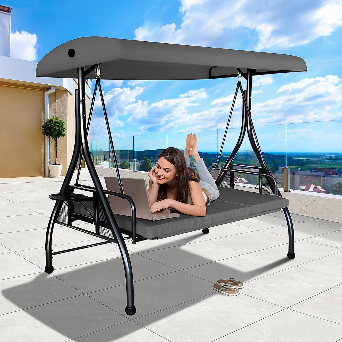 GARTOO 3-Seat Outdoor Large Porch Swing with Converting Canopy, Patio Hammock Lounge Swing Chair for Porch, Backyard, Poolside, Adjustable Shade & Removable Cushions(Gray)