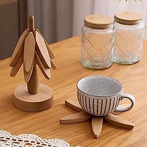 Mamakura Wooden Tree Trivet Set, Christmas Trivet,Tree Shape trivets for hot pots and Pans 7.7inch(3 Layers+1 Stand(Wood Color)