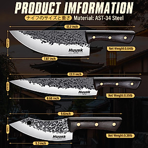 Huusk Knife Set, Hand Forged Chef Knife Set Professional, High Carbon Steel Butcher Knife Set, Camping Cooking Knife Set, Japanese Kitchen Chef Knife Set for Home, Outdoor BBQ, Gift Idea Men