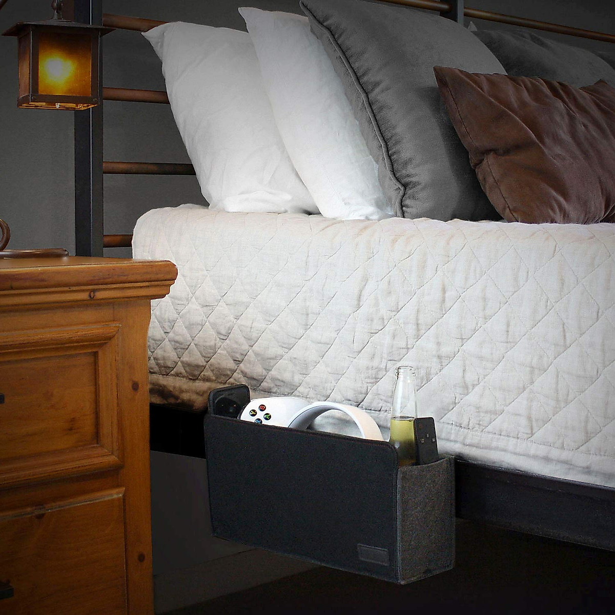 VRGE - Couch Bedside Gaming Organizer Caddy Storage Hanging Felt Mount for Game Controllers/Headphones/Meta Oculus Quest 3/2 VR w/Side Remote Control Holder