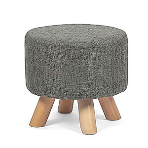 Asense Round Ottoman Foot Rest Linen Fabric Padded Seat Pouf Ottoman with Non-Skid Wooden Legs