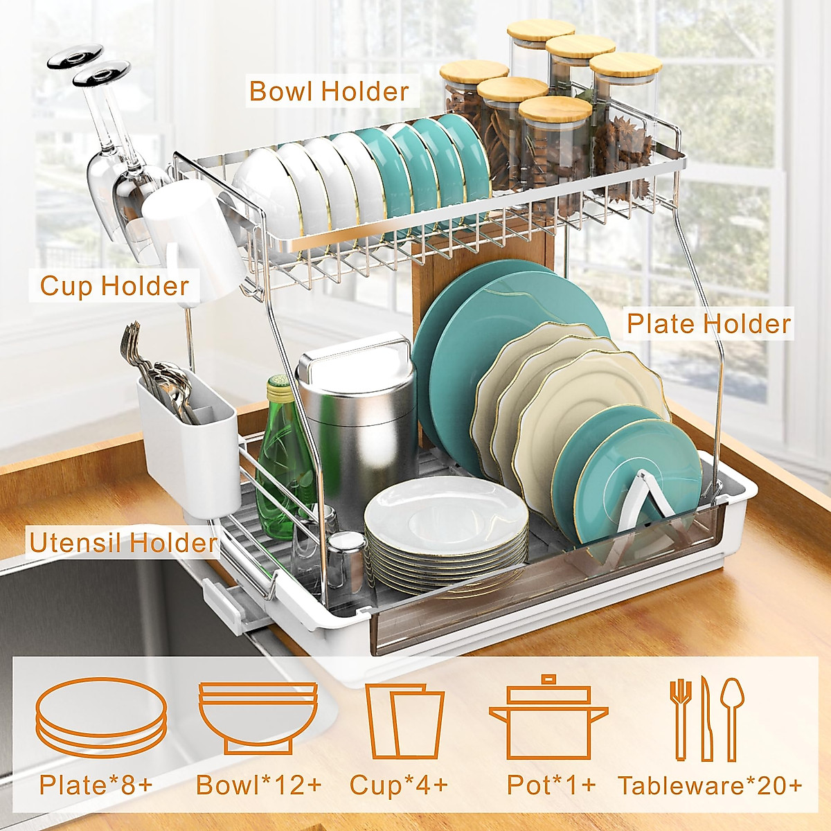 EMT ETRENDS Large Capacity Dish Drying Rack,Rust Resistant Dish Rack for Kitchen, Compact and Foldaway Dish Drainer with Removable Drainboard, Utensil/Cutlery Holder , Plastic, White