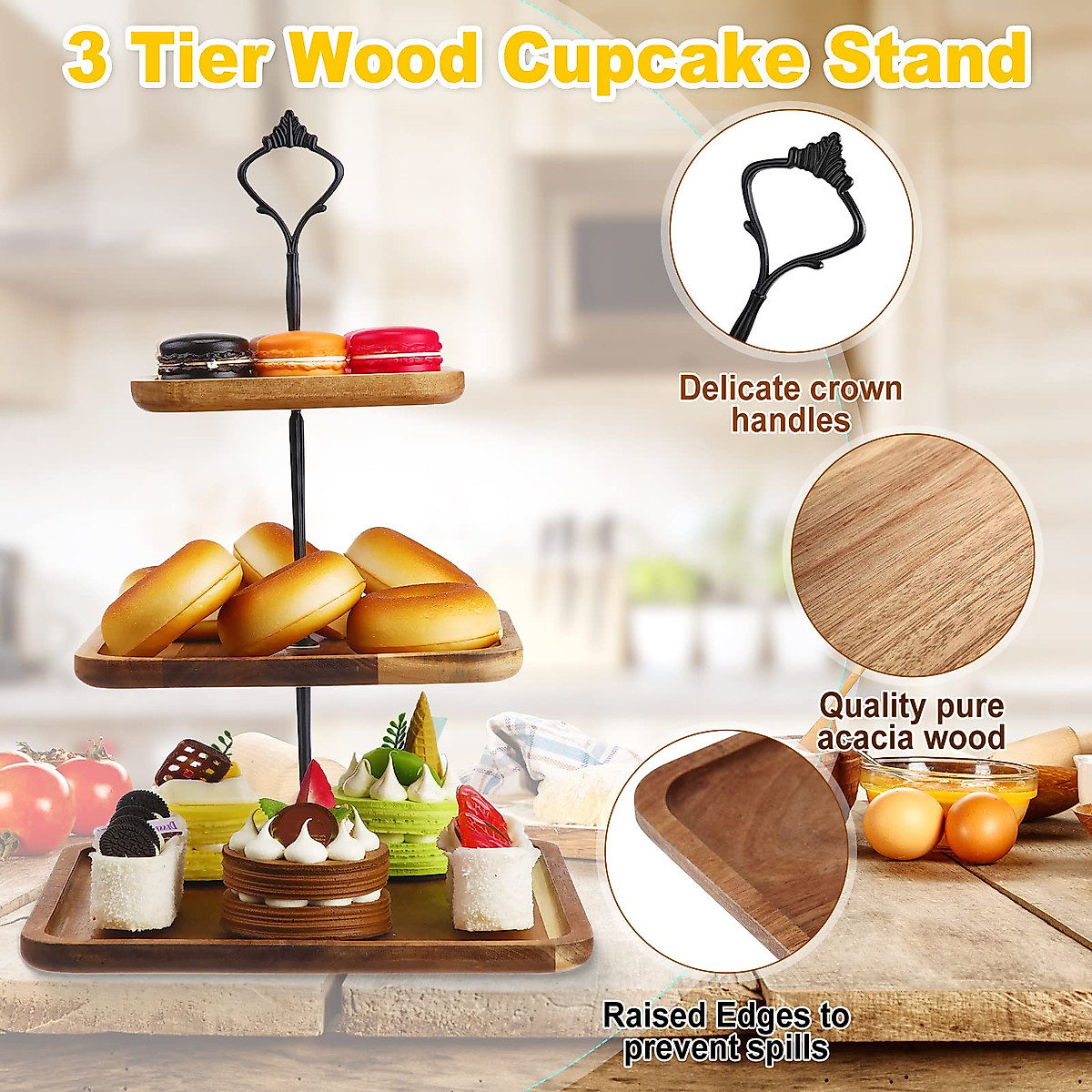 3 Pcs 3 Tier Serving Tray Square Wooden 3 Tiered Cake Stand Acacia Wood Serving Stand Rustic Wooden Cupcake Stand for Dessert Square Farmhouse Serving Stand Display for Party, Wedding, Tea Party