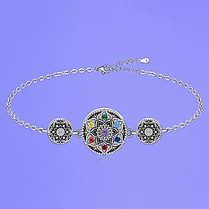 Fenthring Chakra Bracelets for Women Yoga Lotus Mandala 7 Chakra Bracelet Sterling Silver Protection Anxiety Balance Lotus Flower Meditation Gifts