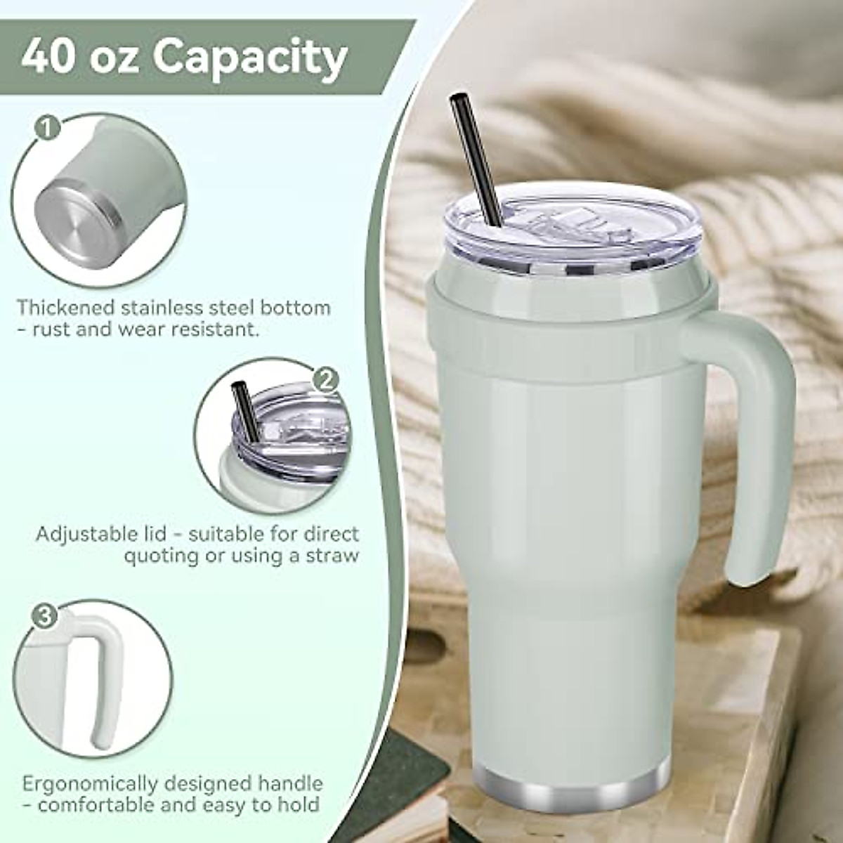 Rietore 40 oz Tumbler with Handle and Straw, Stainless Steel Tumblers Insulated Tumblers with Lids Double Wall Vacuum Coffee Travel Mug, Sweat Proof, Leak Proof, Light Emerald