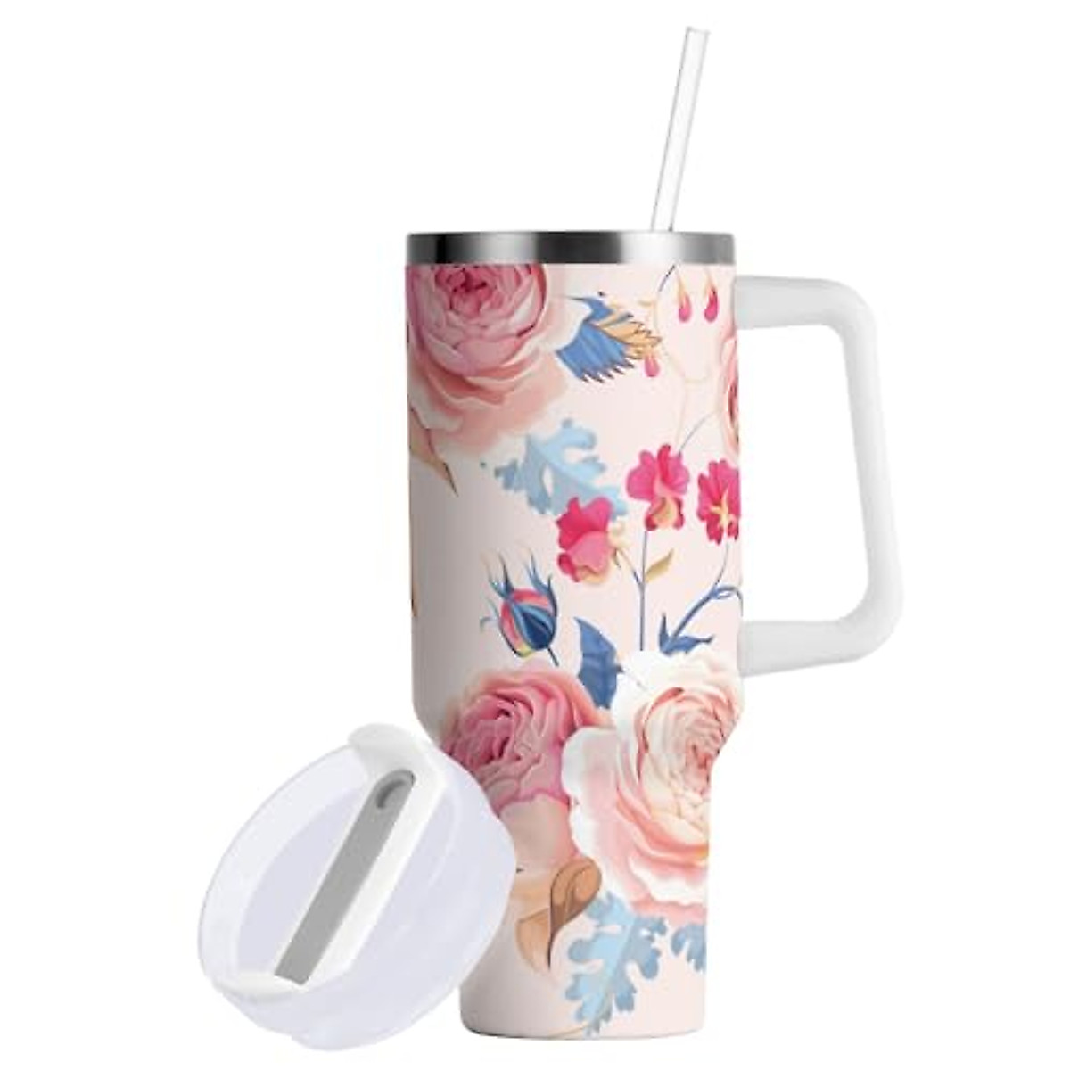 Floral Rose Pink 30 oz Tumbler with Handle and Straw Lid, 100% Leak-proof Travel Coffee Mug, Stainless Steel Insulated Cup For Beverages, Cupholder Friendly