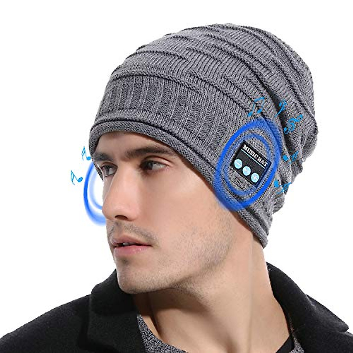 Bluetooth Beanie Hat 5.0 Wireless Headphones Music Hats with Built-in Microphone Winter Hat Warm Ski Cap for Men Women (012-Grey)
