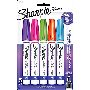 Sharpie Oil-Based Paint Markers, Medium Point, Bright Colors, 5 Count - Great for Rock Painting