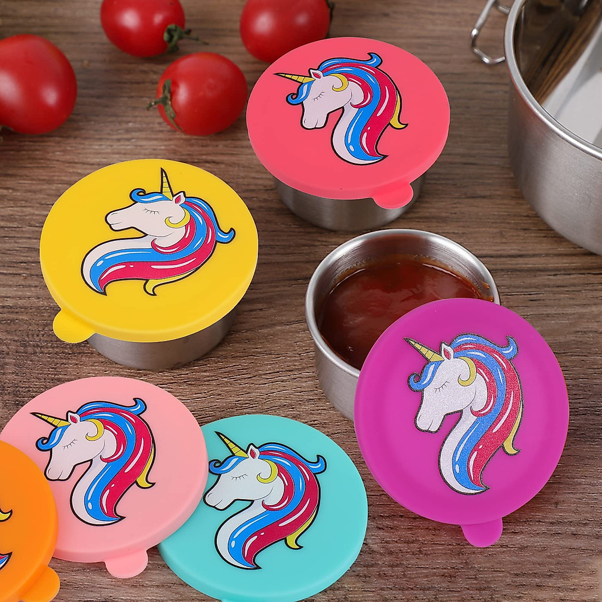 Salad Dressing Container Silicone Lids, 6 Pack Replacement Lids for Most Diameter 2.36in Stainless Steel Condiment Sauce Cups, Kids Bento Lunch Box Accessories (Cups are not Included)