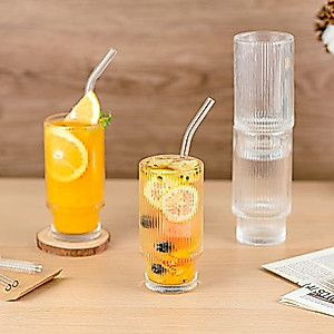 Gracenal Ribbed Glass Cups with Straws 12oz, Drinking Glasses Set of 4, Ribbed Glassware, Cocktail Glasses, Vintage Glassware, Whiskey Glasses, Coffee Bar Accessories, Iced Coffee Cups for Cute Gifts