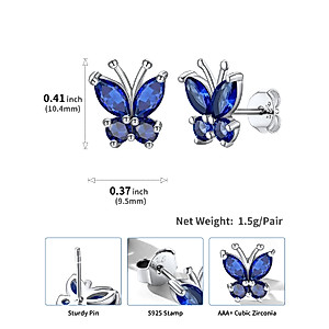 Women Sterling Silver Animal Stud Created Gemstone Sapphire Blue Butterfly Stud Earrings