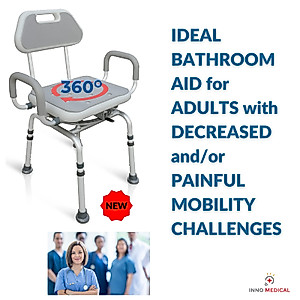 Inno Medical Premium Bathroom Swivel Padded Shower Chair Bath Bench with Back, 360 Degree Swivel Seat with Locking Mechanism and Center Lever for Easy Swivel