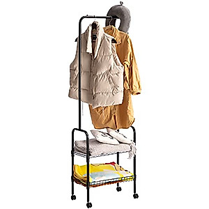 MATICO 2-in-1 Metal Garment Rack with Clothes Hanger, 2 Tier Wire Coat Storage Organizers Laundry Holders with 1 Metal Shelf and 1 Basket for Home and Dormitory, Black