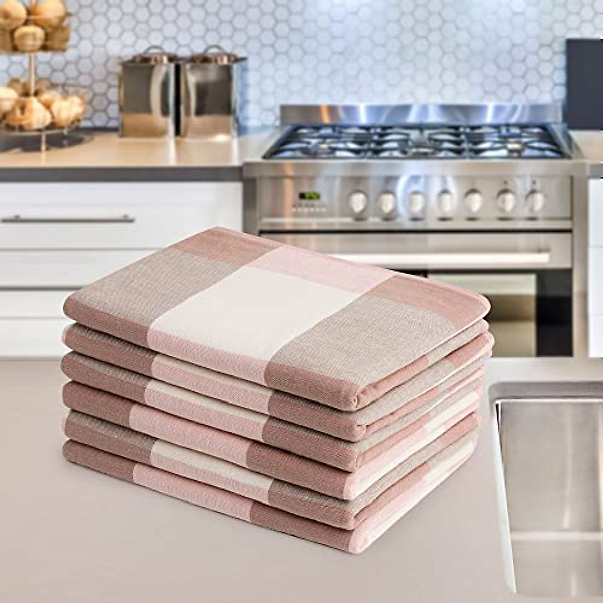 PiccoCasa 100% Cotton Terry Kitchen Towels, Big Buffalo Check, 6 Pack Soft Absorbent (13 x 29 Inch) Quick Dry Dish Towels - Pink, White