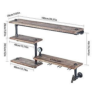 Wall Wine Rack with 4 Stem Glass Holder Wall-Mounted Wine Racks, 39.37" Industrial Pipe Shelf Wine Rack Metal Floating Bar Shelves, Farmhouse Wall Shelf Wine Holder for Kitchen Dining Room Bar