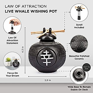 Live Whale Zen Decor Law of Attraction Asian Inspired Wishing Pot, Inspirational Gifts, Gratitude Jar with Scroll, Ceramic Jar with Lid for Daily Affirmations and Blessings, Black 3.5x3.5x4”