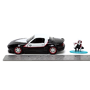Jada 1990 Mazda Miata Black and White with Graphics and Ghost Spider Diecast Figure Spider-Man Marvel Series 1/32 Diecast Model Car