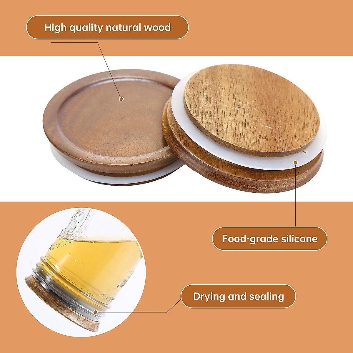 12 Pack Wide Mouth Mason Jar Lids, Reusable Canning Lids with Wooden and Silicone Seals - Perfect for Canning and Preserving in Mason Jars, Brown (12PCS Wide Lids)