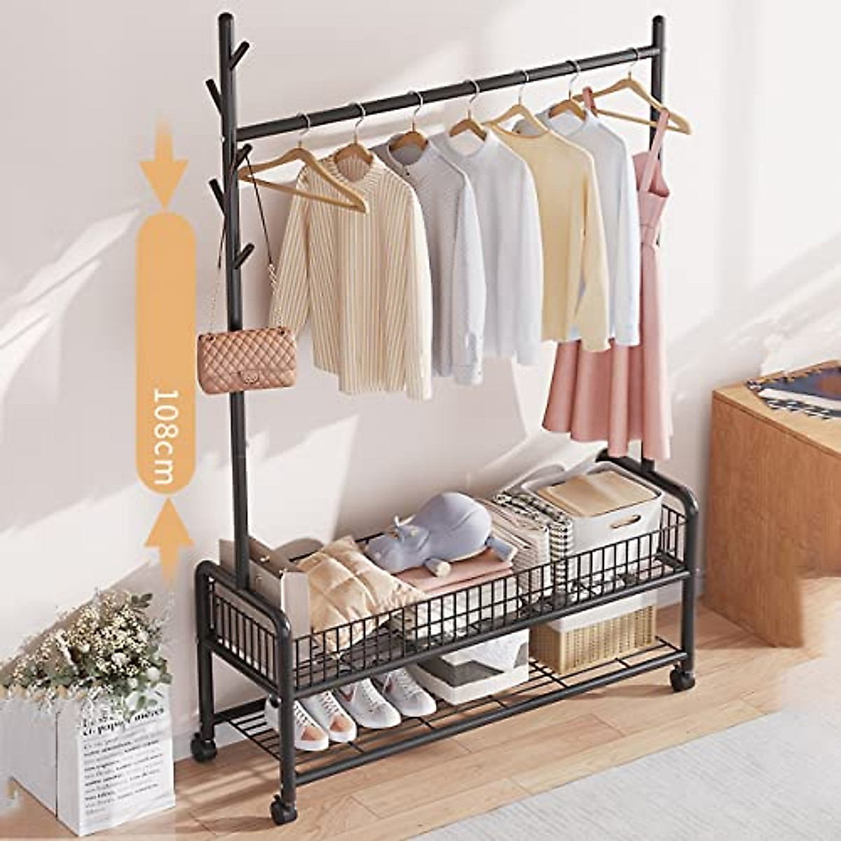 OTBK Rolling Metal Coat Rack Two Shelves Clothing Hooks Garment Rack Organizer with Wheels Bottom Shelves for Clothes Hats Bags (Color : Black)
