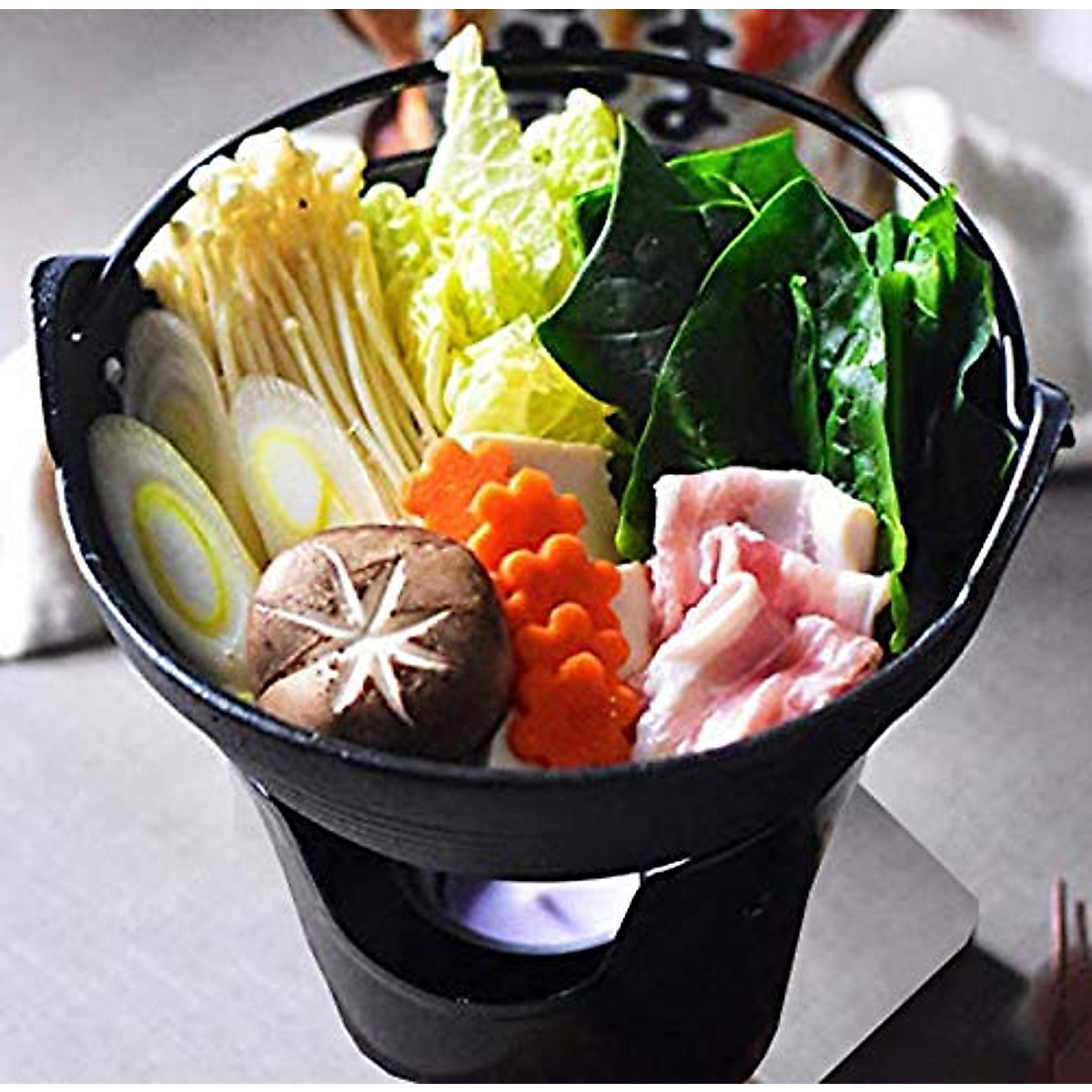Happy Sales HSNBS-IRORI, Japanese Style Single Serving Shabu Shabu Pot Pan Hot Pot Sukiyaki Pan Irori Nabe Pot with Wooden Lid and Cooking Stove 32 fl. oz 7" Diameter