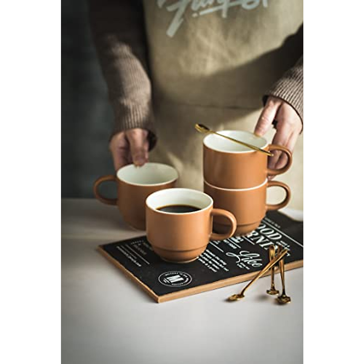 YHOSSEUN 11 Oz Coffee Mug Set Porcelain Stackable Mug with Stand and Metal Spoon - Tea Cups Demitasse Cups for Drinks, Espresso, Latte - Porcelain Stackable Coffee Mugs with Rack Set of 4, Brown