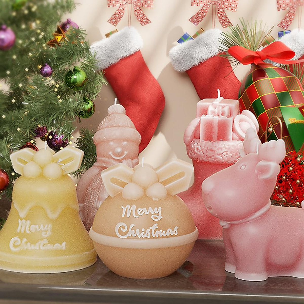 6Pcs Christmas Candle Molds,Christmas Snowman Silicone Molds Jingle Bell Bells Resin Molds Christmas Sock Resin Mold Santa Claus Elk Deer Silicone Mold for Xmas Candle Making Craft Supplies Home Decor