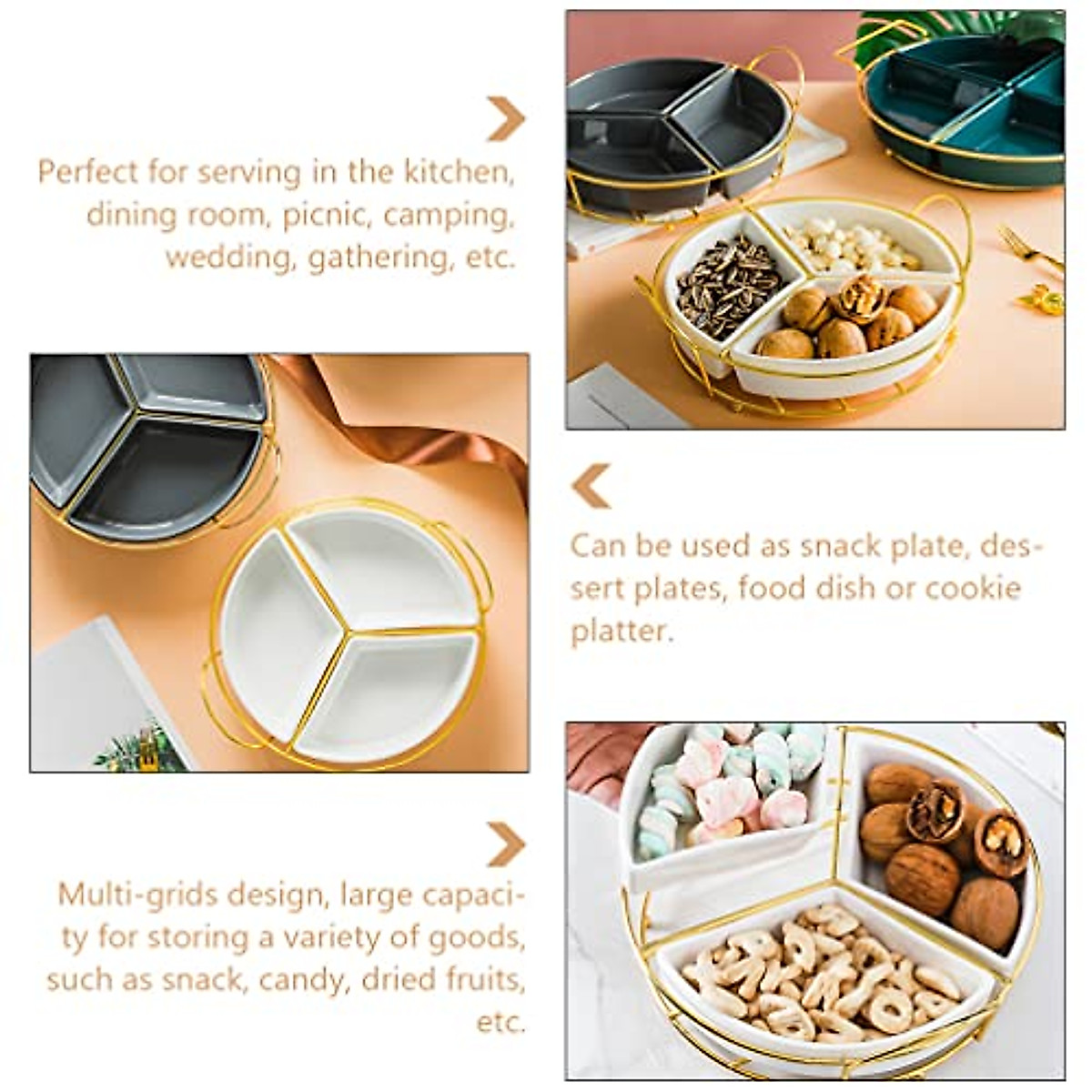 Angoily Ceramic Divided Serving Tray with Handles, 3 Sectional Appetizer Serving Tray, Round Veggie Tray for Serving for Party for Fruit, Candy, Snacks, Parties (White)