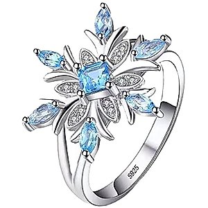 Fashion Simulated Diamond Snowflake Ring for Women Statement Ring Elegant Jewelry (Blue, 9)