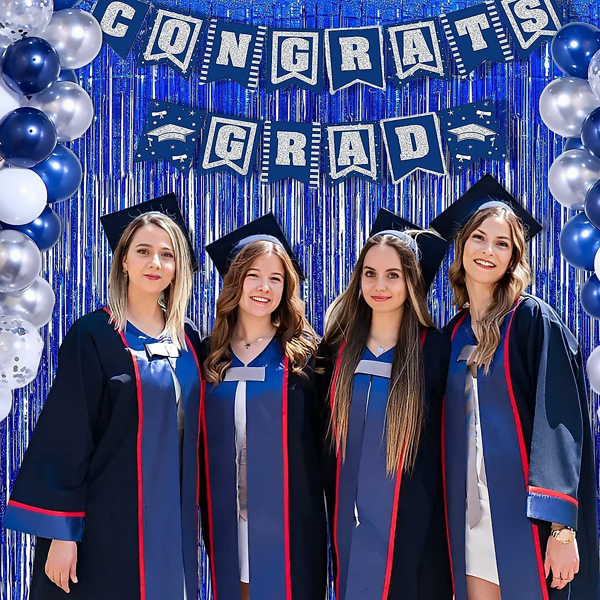 BRAVESHINE Blue Tinsel Foil Fringe Curtains - 2Pcs 3.2x8.2 ft Metallic Holidays Photo Backdrop for Birthdays Homecoming Bachelor Bachelorette Sea Theme Party Decorations