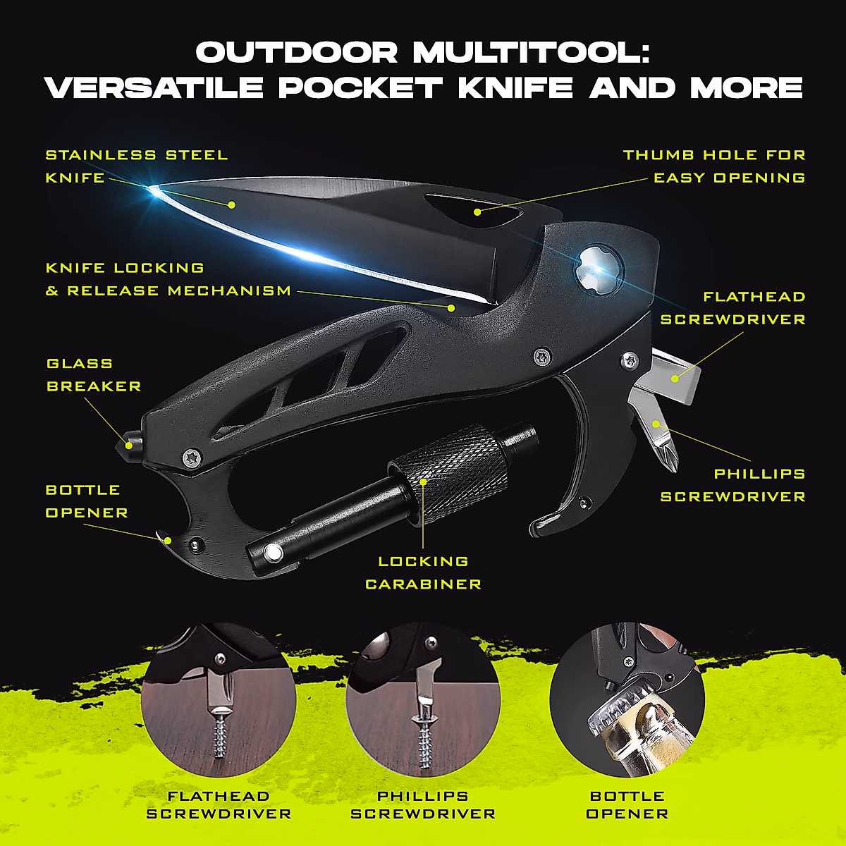 OFFICIAL SURVIVAL GEAR 2-Pack Outdoor Carabiner Multitool, Carabiner Knife, EDC Pocket Knife Survival Gear with Glass Breaker