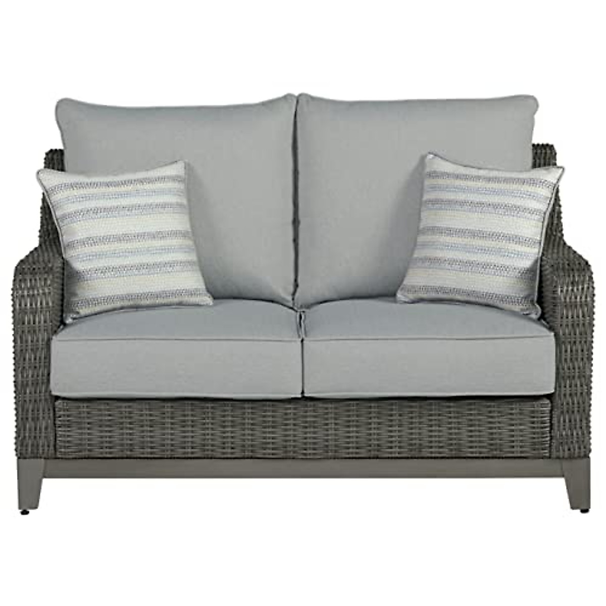 Signature Design by Ashley Outdoor Elite Park Patio Wicker Loveseat with Cushion, Gray