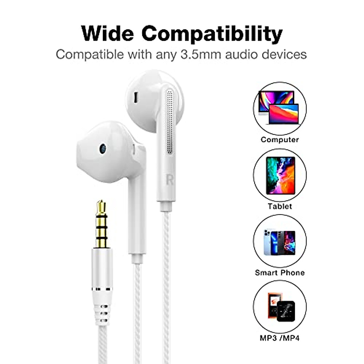 Dixvuk Earbuds Wired with Microphone Pack of 2, in-Ear Headphone Stereo Sound Noise Isolating, Earphone Fits 3.5mm Interface for iPad, Mp3/Mp4, Apple iPhone, Android Smartphones, Black(White)