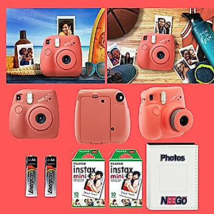 Fujifilm Instax Mini 7+ Instant Camera Bundle-Deluxe Kit, Fuji Instax Mini Film (20 Sheets), NeeGo Photo Album (Coral)