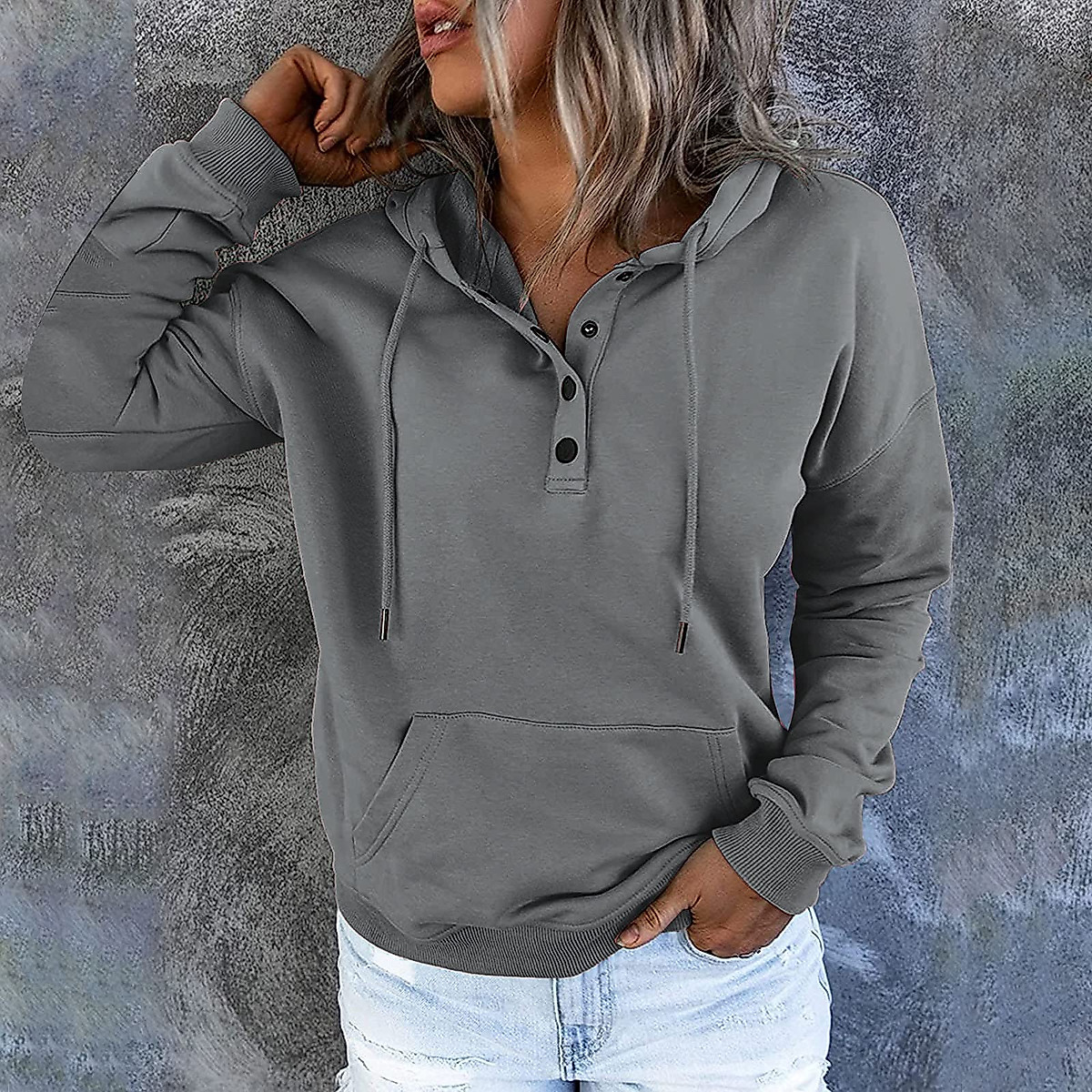 Aniywn Women's Casual Pullover Hoodies Button Down Thin Clothes Long Sleeve Solid Color Sweatshirts Teen Girls Fall Tops Grey
