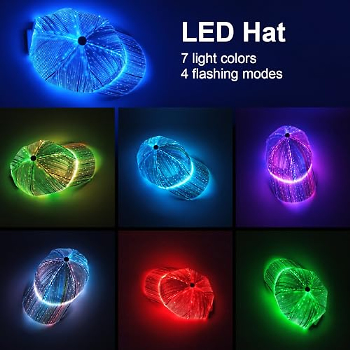 Ruconla Fiber optic cap LED hat with 7 colors luminous glowing EDC baseball hats USB Charging light up caps even party led Halloween cap for event holiday
