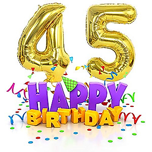 Ceqiny 40 Inch 45th Number Balloon Mylar Balloon Giant Balloon Alphabet Foil Balloon for Birthday Party Wedding Bridal Shower Engagement Photo Shoot Anniversary Decoration, Gold Digit 45 Balloon