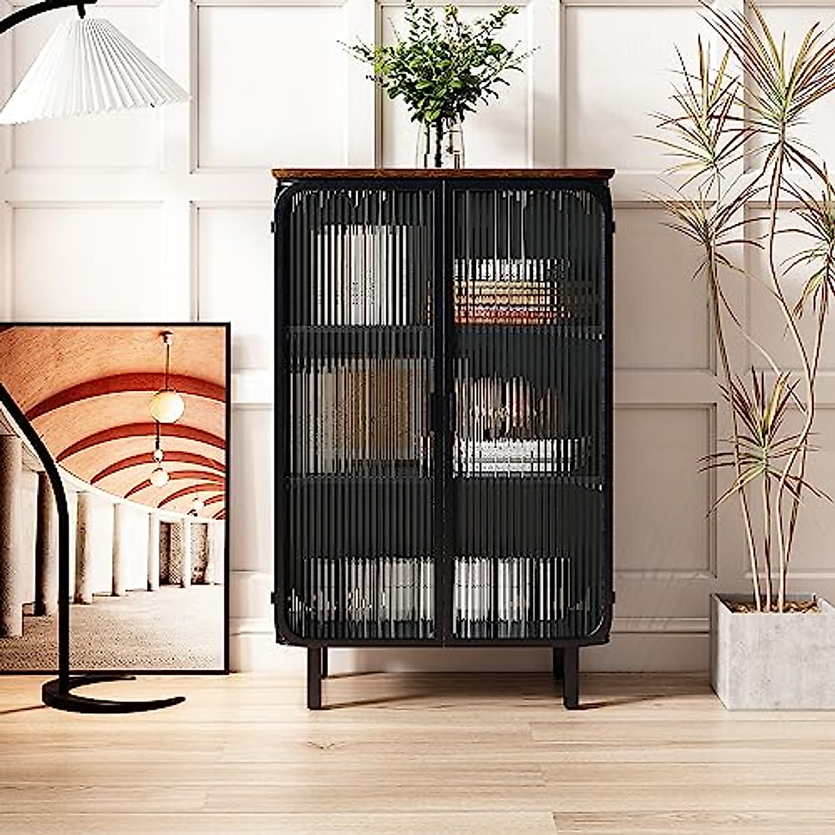 Voohek Modern 2 Fluted Tempered Glass Doors, Featuring Three-Tier, Unique Fir Top, for Living, Dining Room, Black+Brown Storage Cabinet