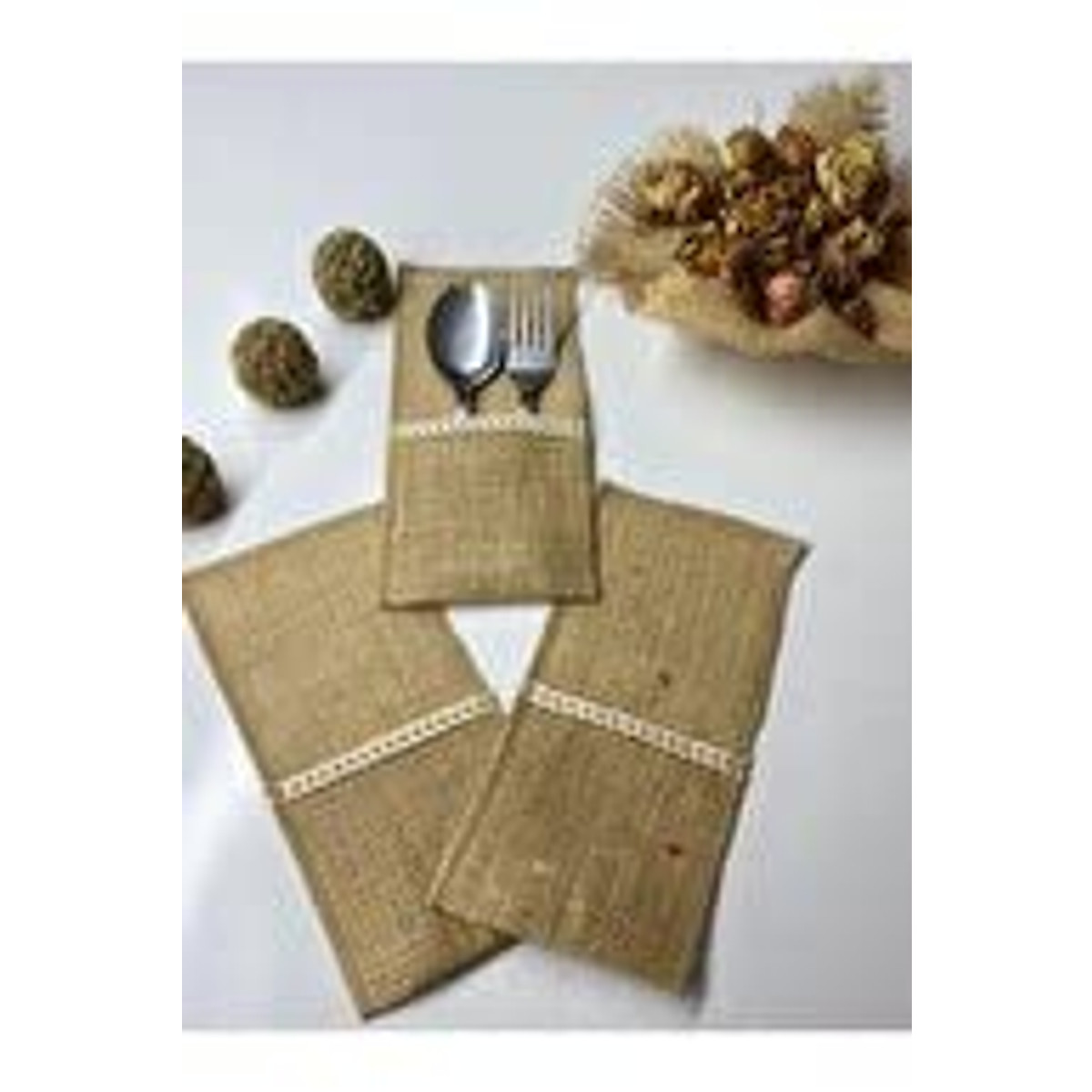 meditroia (Troia Textil(12,Pieces) Burlap Cutlery Holders Lace Utensil Pouch Knifes Forks Bag for Vintage Natural Wedding (4x8inch)