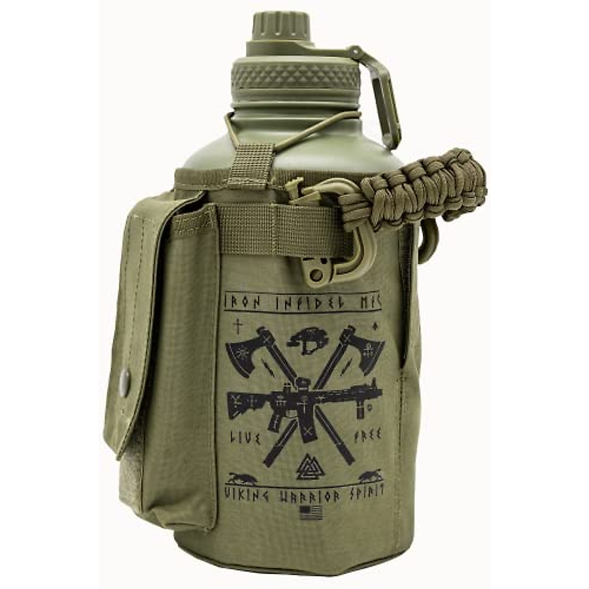 Iron Infidel Battle Bottle - Half Gallon Insulated Water Bottle with Paracord Handle, Large 64 oz Stainless Steel Water Jug with Rugged, Removable Sleeve for Keys, Wallet, & Phone (Live Free 2 Liter)