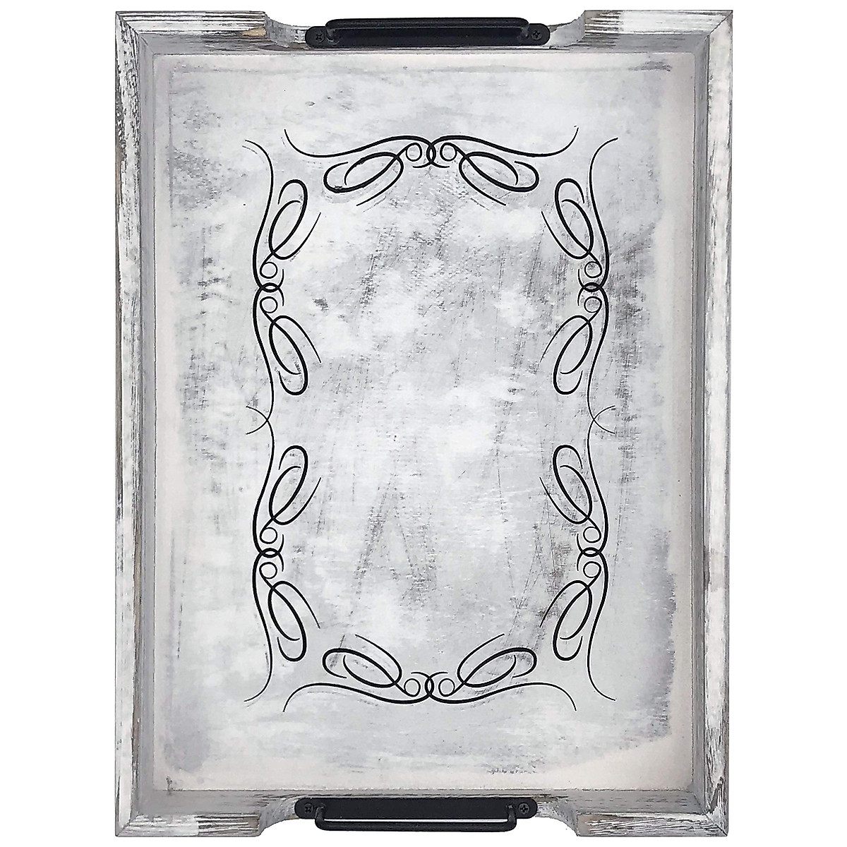 Booleaf Serving Tray, Authentic Paulownia Wood, Sturdy Black Metal Handles - Tribal Design