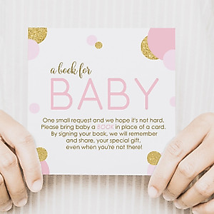 Pink and Gold Books for Baby Shower Cards, Invitation Inserts Girls Book Request, Bring Book Instead of Cards Poem, Cute Storybook-Theme Ideas, 25 Pack