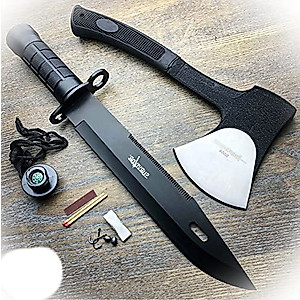 New 2 PC Tactical Hunting Fixed Blade Knife Machete Bowie AXE w/ Survival Kit Camping Outdoor Pro Tactical Elite Knife BLDA-1081