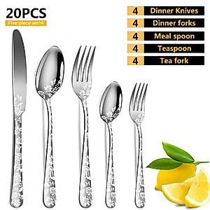 Vilihkc 20 piece Unique Pattern Design Silverware Set, Stainless Steel Flatware Set Service for 4, silver Cutlery Set, Mirror Polished Utensil Set for Kitchen, Dishwasher Safe