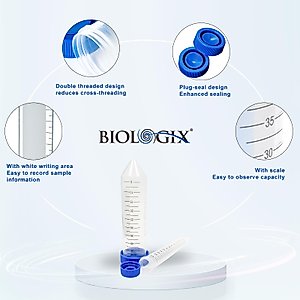 Biologix 50ml Conical Centrifuge Tubes, 25Pcs Sterile Polypropylene Test Tubes with Plug-Seal Screw Caps, Plastic Container with Graduated & Write Area, Rack Package, Non-Pyrogenic, DNase/RNase Free