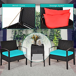 DORTALA 3 Piece Wicker Patio Furniture Set, Outdoor Conversation Bistro Sets with Rattan Chairs & Storage Table for Backyard Porch Garden Poolside, Turquoise