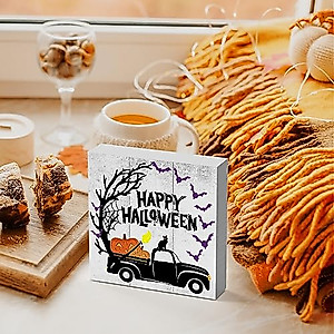 Country Halloween Wood Box Sign Autumn Rustic Farmhouse Style Happy Halloween Pumpkin Truck Wood Block Plaque 5 X 5 Inches Home Desk Sign Decor for Presents