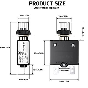 Thermal Circuit Breaker, DIYhz 20 Amp Push Button Manual Reset Circuit Breaker with Quick Connect Terminals and Waterproof Button Transparent Cap 32V DC 125/250VAC 50/60Hz