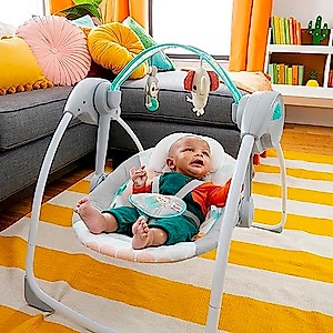 Bright Starts Portable Automatic 6-Speed Baby Swing with Adaptable Speed, Taggies, Music, Removable -Toy Bar, 0-9 Months 6-20 lbs (Whimsical Wild)