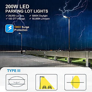 AKK 200W LED Parking Lot Lighting with Adjustable Arm Mount, 28000LM (140LM/W) LED Parking Lot Lights, 5000K Street Light Dusk to Dawn Photocell, Waterproof LED Shoebox Light for Roadway, ETL Listed